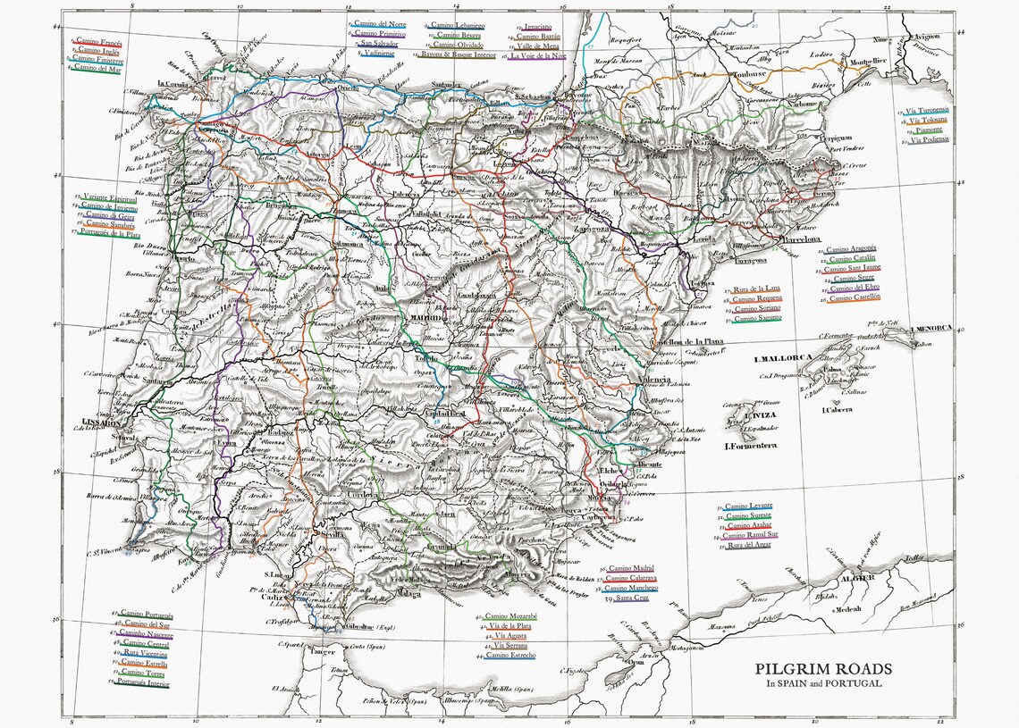 The Vintage Map - Pilgrim Roads in Spain and Portugal - Etsy
