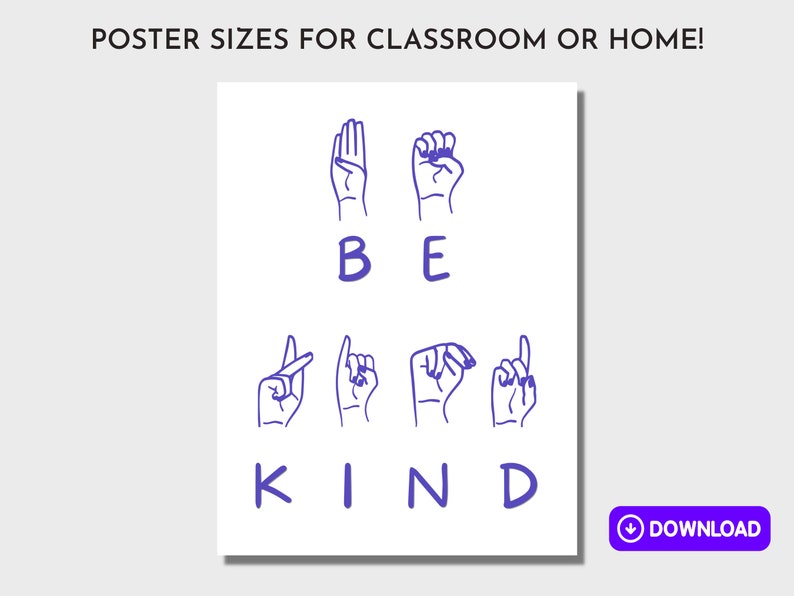 Be Kind American Sign Language Print, Printable ASL Poster, Classroom ...
