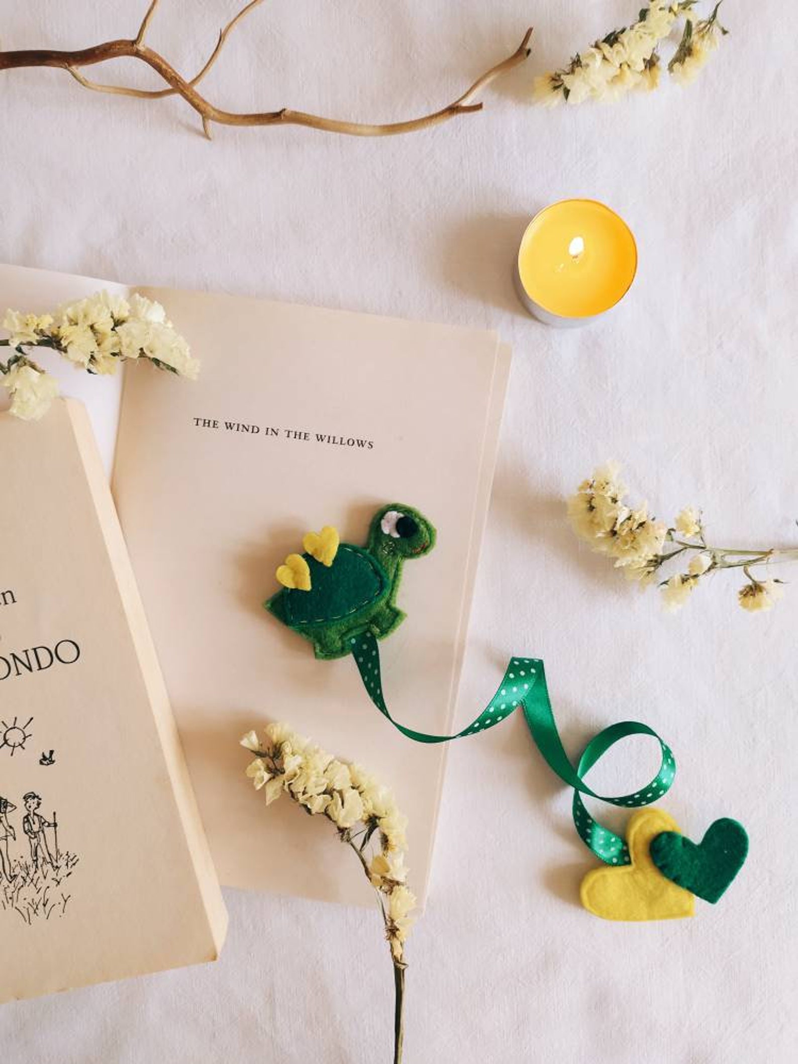 Felt Bookmark With Tortoise Green Ribbon and Yellow Flower - Etsy