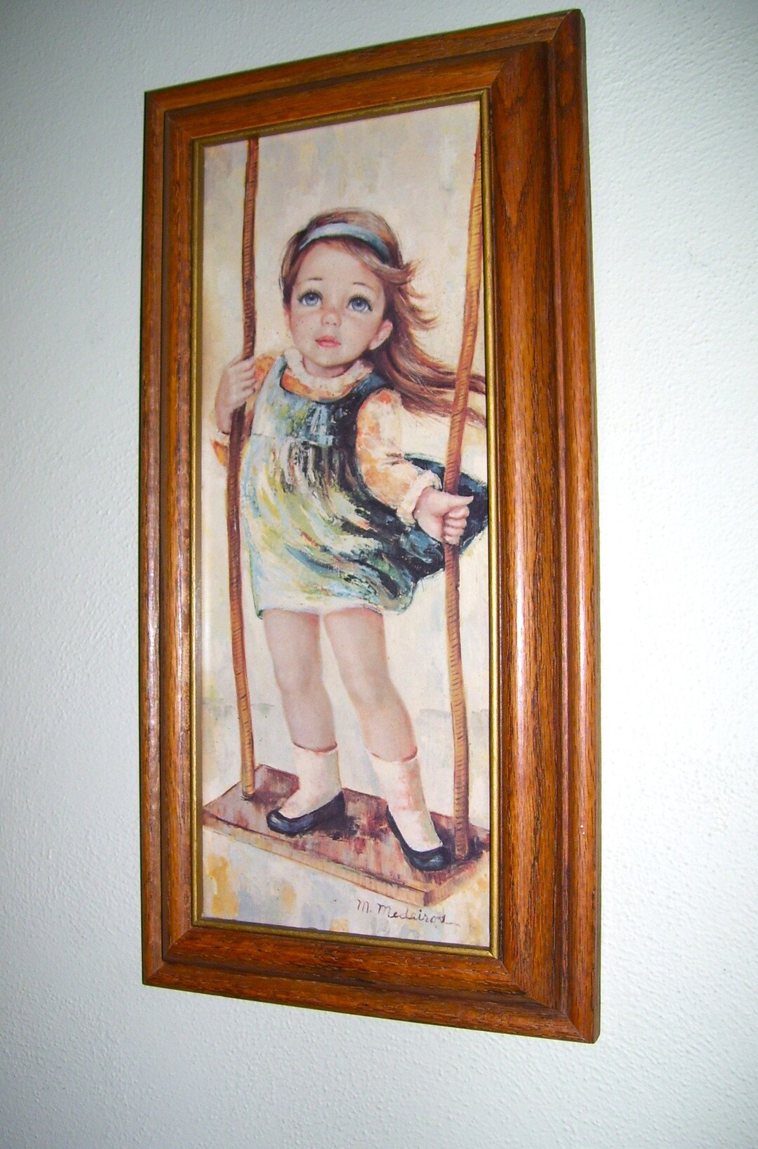 M Medeiros Big Eye Print Girl on Swing 1960s Vintage - Etsy