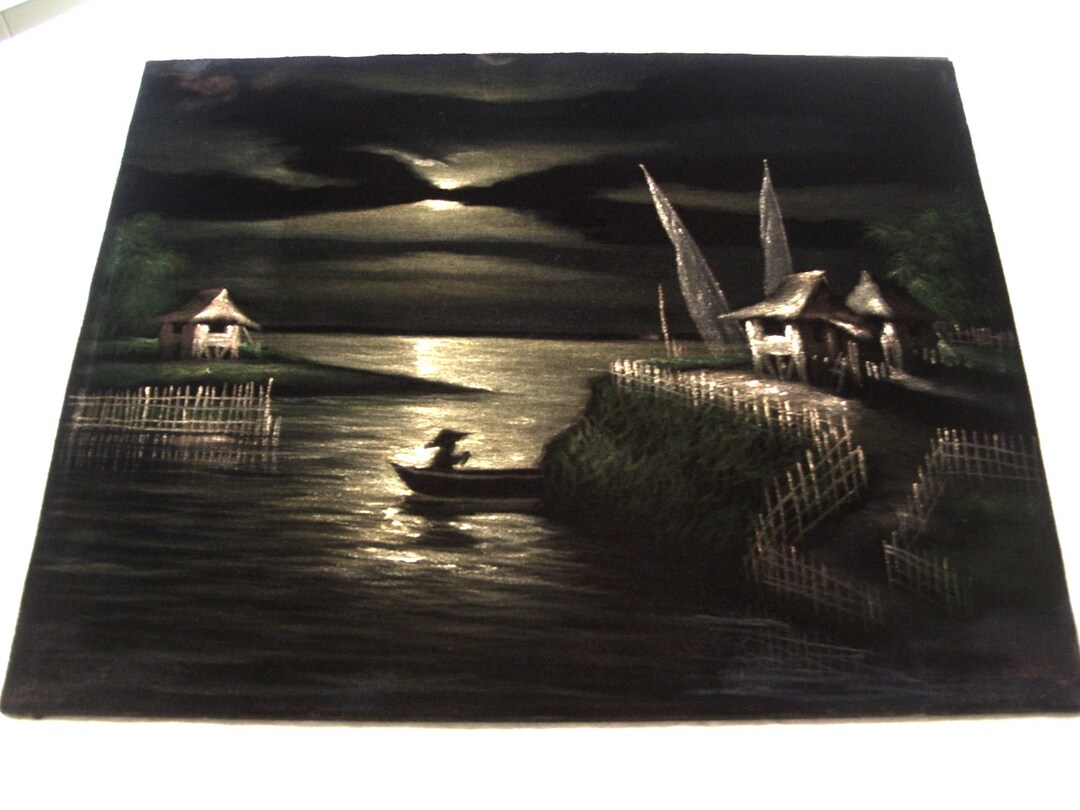 Asian Night Scene Black Velvet Painting 16x20 Inches Vintage - Etsy