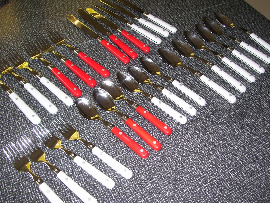 28 Piece Plastic Handle Flatware Red White Mardi Gras LE Frix Stainless ...