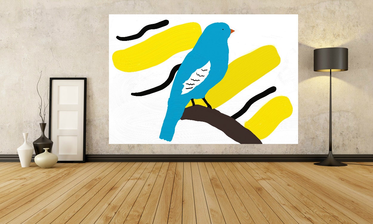 Blue Bird Painting: Large Abstract Yellow Wall Art - Etsy