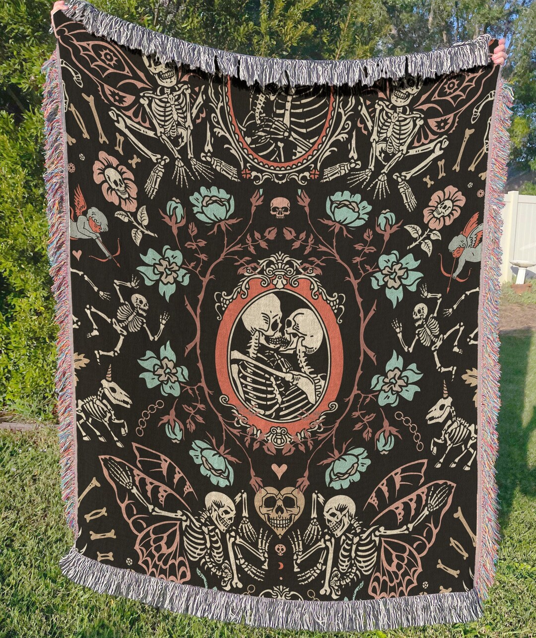 Gothic Skeleton Romantic Woven Wedding Throw Blanket, Halloween Spooky ...