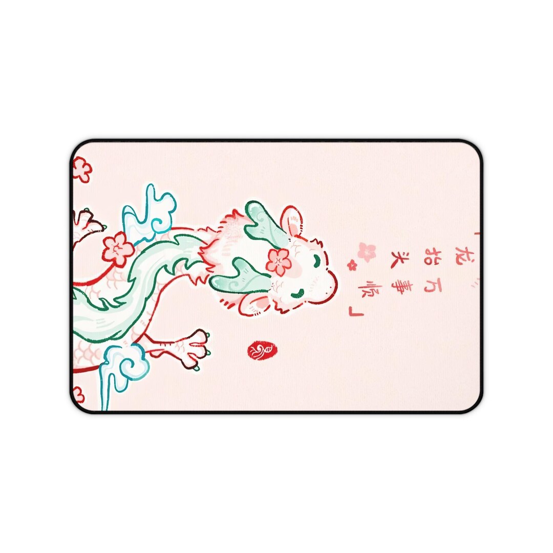Pastel Dragon Desk Mat Mouse Pad Cute Asian Fantasy Art Cherry Blossom ...