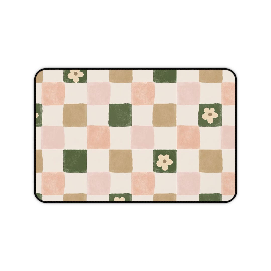 Retro Checkerboard Desk Mat Mouse Pad Pastel Green Pink Beige Floral ...