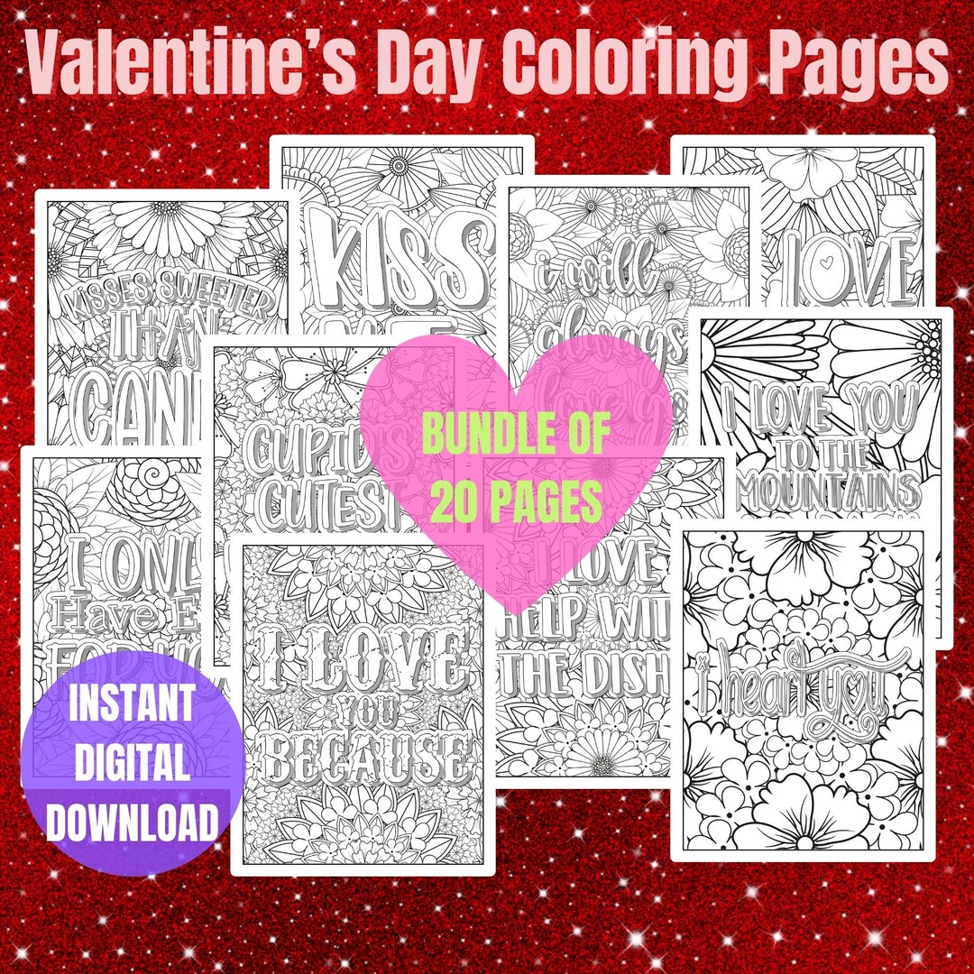 Valentine's Day Coloring Pages Bundle, Adult Coloring Pages Printable ...