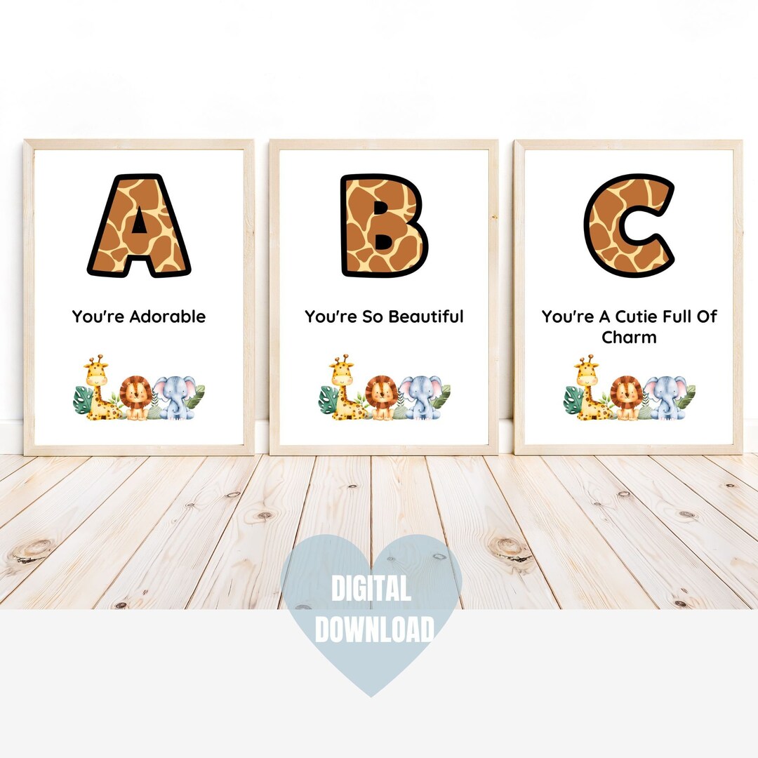 ABC Safari Animals, Nursery Wall Art Decor, Lion, Elephant, Giraffe ...