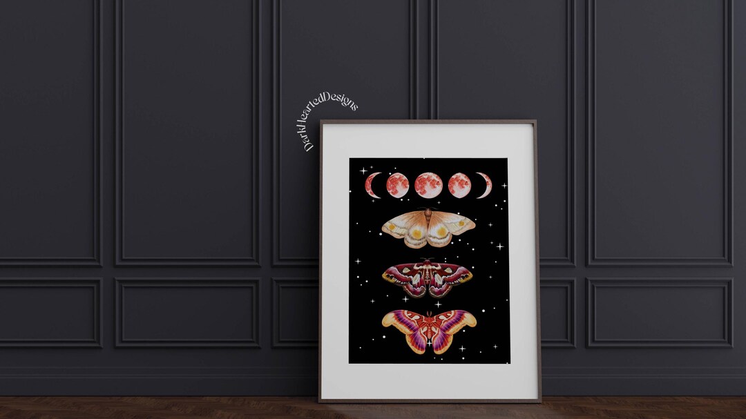 Moths Under the Moon Mystical Insect and Lunar Phase Art Print Whimsi ...