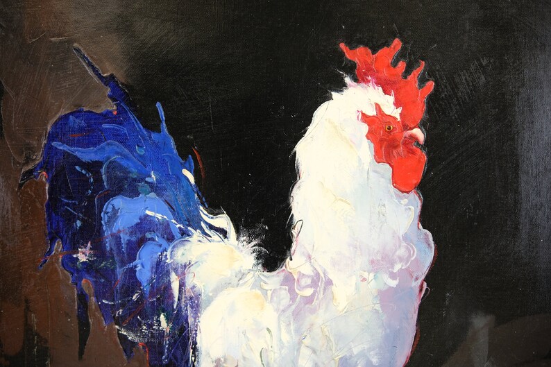 Rooster Oil Painting on Canvas, Signed R Charles, Black and Gold Frame ...