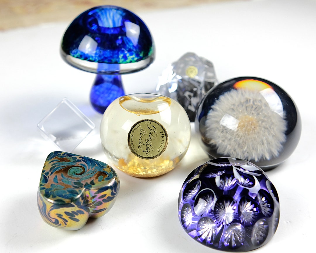 Assorted Glass Art Paperweights: Wedgewood, Lambert Belgium, 23K Gold ...