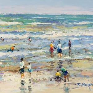 Gold Framed Oil on Canvas by Morgan, Summer Beach Children, Gorgeous ...