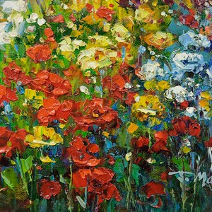 Gold Framed Oil on Canvas, Red Flower Garden Scene Landscape by Morgan ...