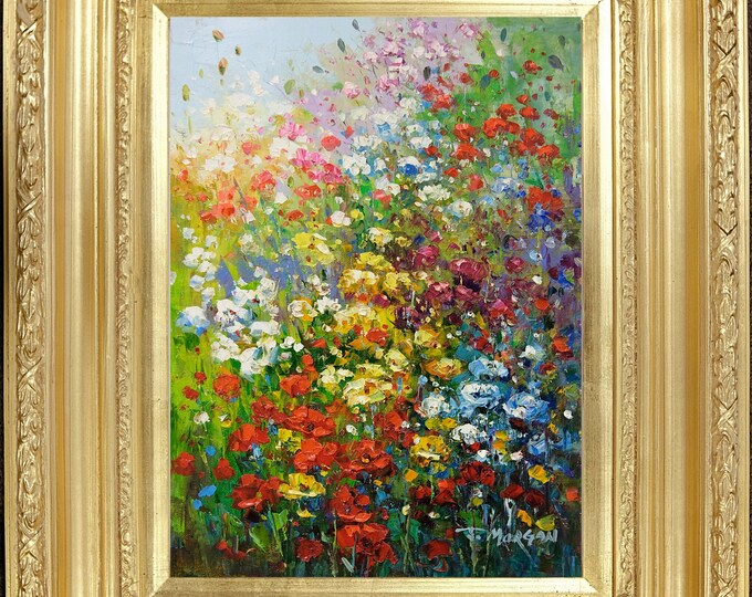 Gold Framed Oil on Canvas, Red Flower Garden Scene Landscape by Morgan ...