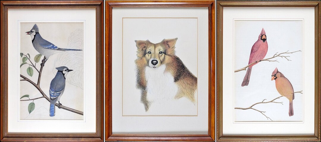 Framed Three Vintage Paintings, Drawn With Pencil and Color Pen, Signed ...