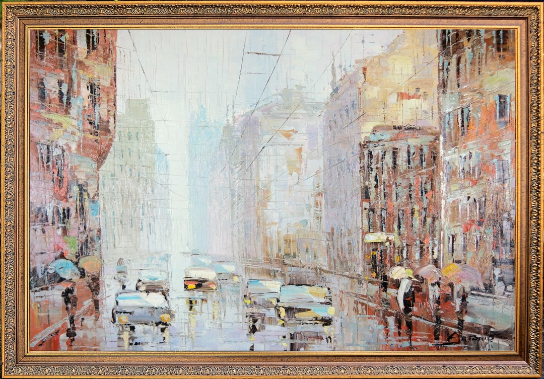 Framed Cityscape, Rainy NY Manhattan Landscape, Signed by Antonio ...