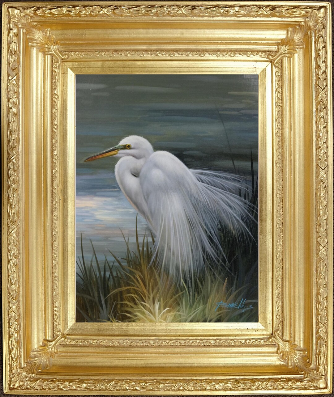Oil on Canvas Painting, Baroque Style Gold Frame, Wild White Heron ...