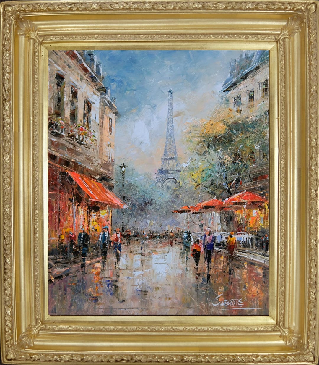 Framed Oil Painting on Canvas, Gold Wooden Frame, Evening Paris, Eiffel ...