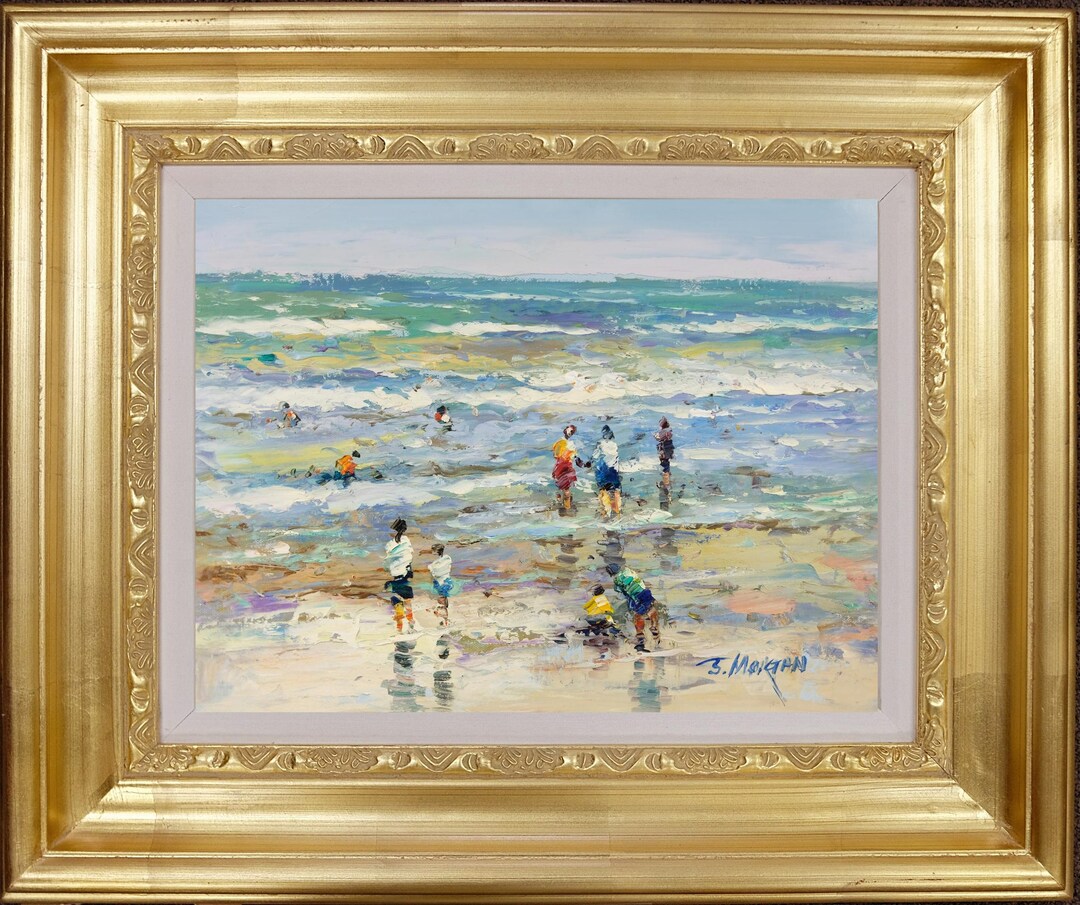 Gold Framed Oil on Canvas by Morgan, Summer Beach Children, Gorgeous ...