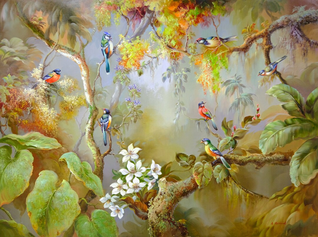 Original Oil Painting on Canvas, Signed by L Richard, Birds on the Tree ...