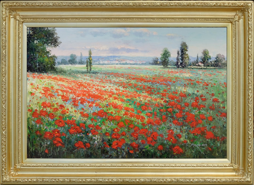 Gold Framed Oil on Canvas, Summer Red Flower Field Scene Landscape by ...