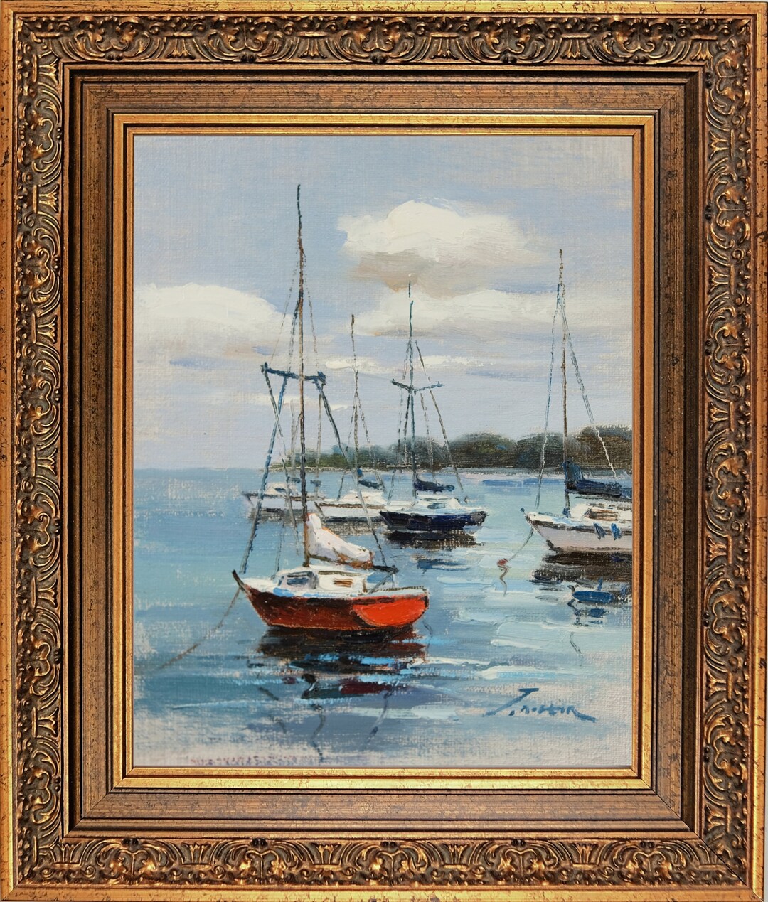 Antique Gold Framed Oil Painting, Signed David, Wall Art, Red Sailing ...