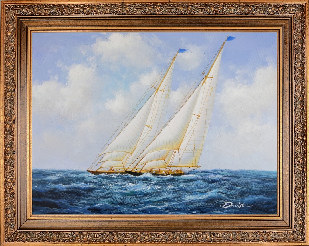 Antique Gold Framed Oil Painting, Signed David, Wall Art, Sailing Boats ...
