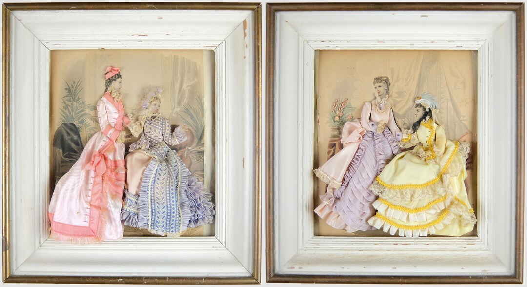 Framed Shadow Boxes French Fashion Prints, A Pair Three Dimensional ...