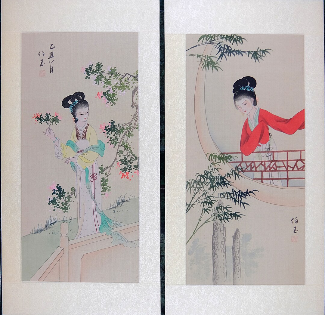 Vintage Chinese Watercolor Painting on Silk Paper: Oriental Beauties ...