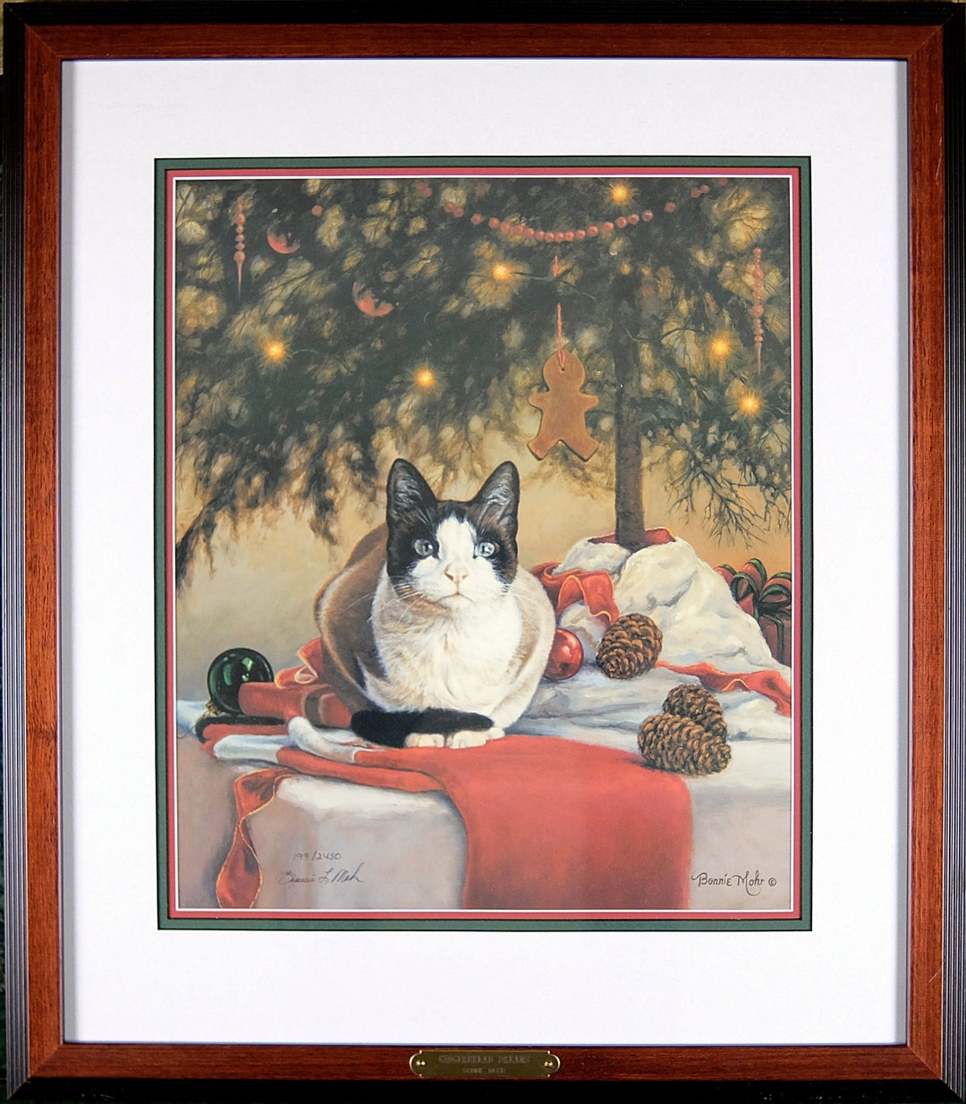 Framed Lithograph, Bonnie L Mohr Signed, Christmas Cat Portrait ...