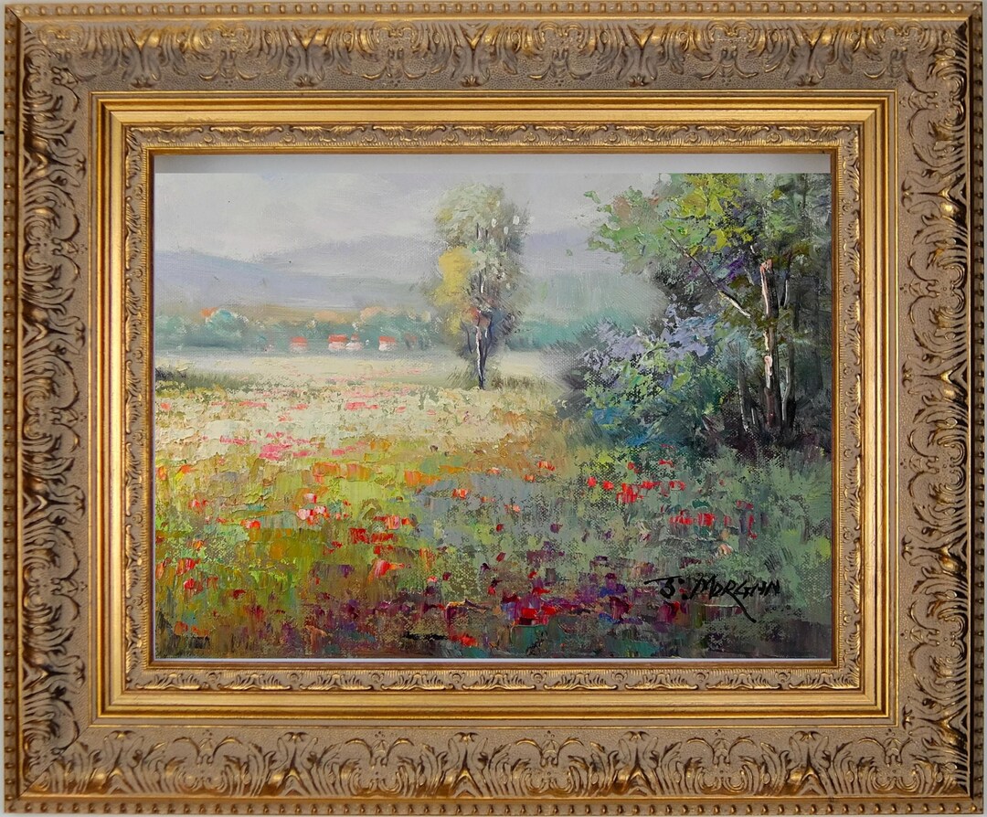 French Gold Framed French Oil Painting, Beautiful Spring Field ...