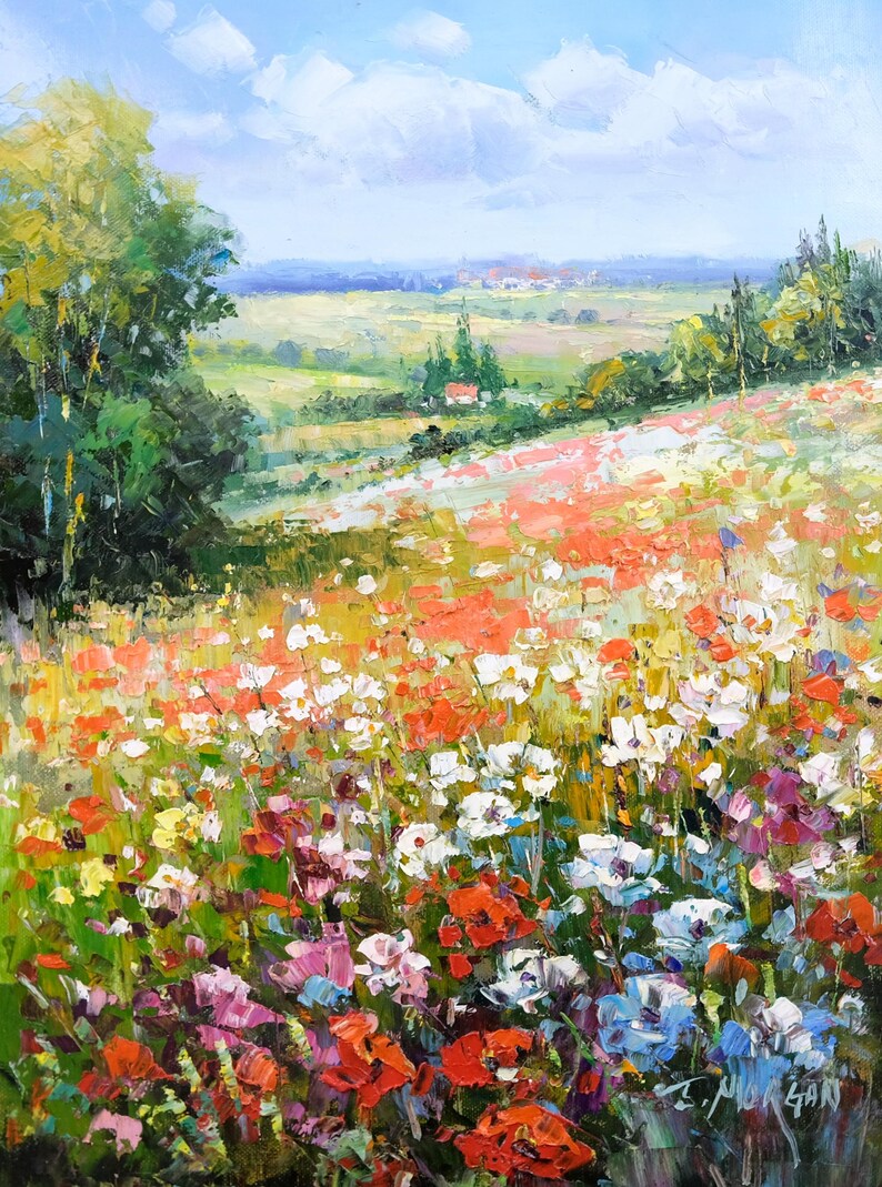 Framed Oil Painting on Canvas, Summer Hill Landscape by Korean Artist ...