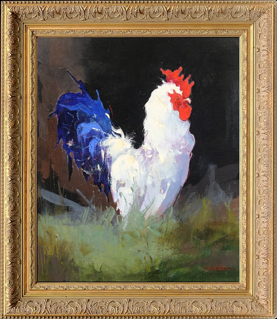 Framed Oil Painting on Canvas, A Stunning Rooster Portrait, Signed by R ...