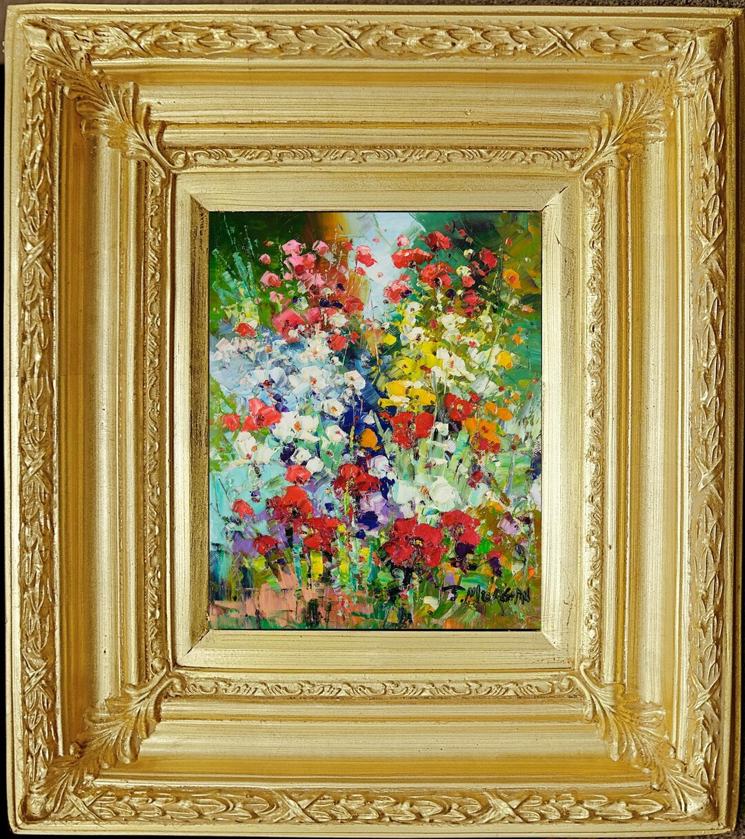 Framed Oil Painting on Canvas, Flower Garden Scene by Morgan, Elegant ...