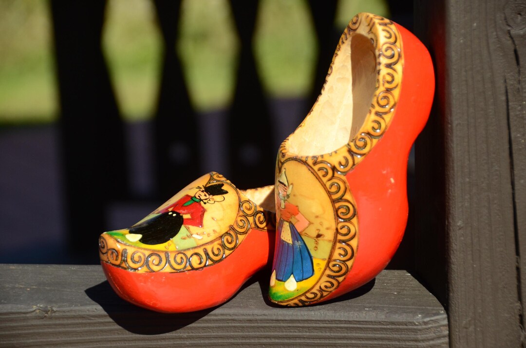 Vintage Hand-carved Wooden Clogs: Dutch Holland Folk Art Decor | Red ...