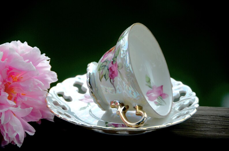 Reticulated Lace Pink Cottage Rose TEACUP and Saucer|iridescent Glaze ...