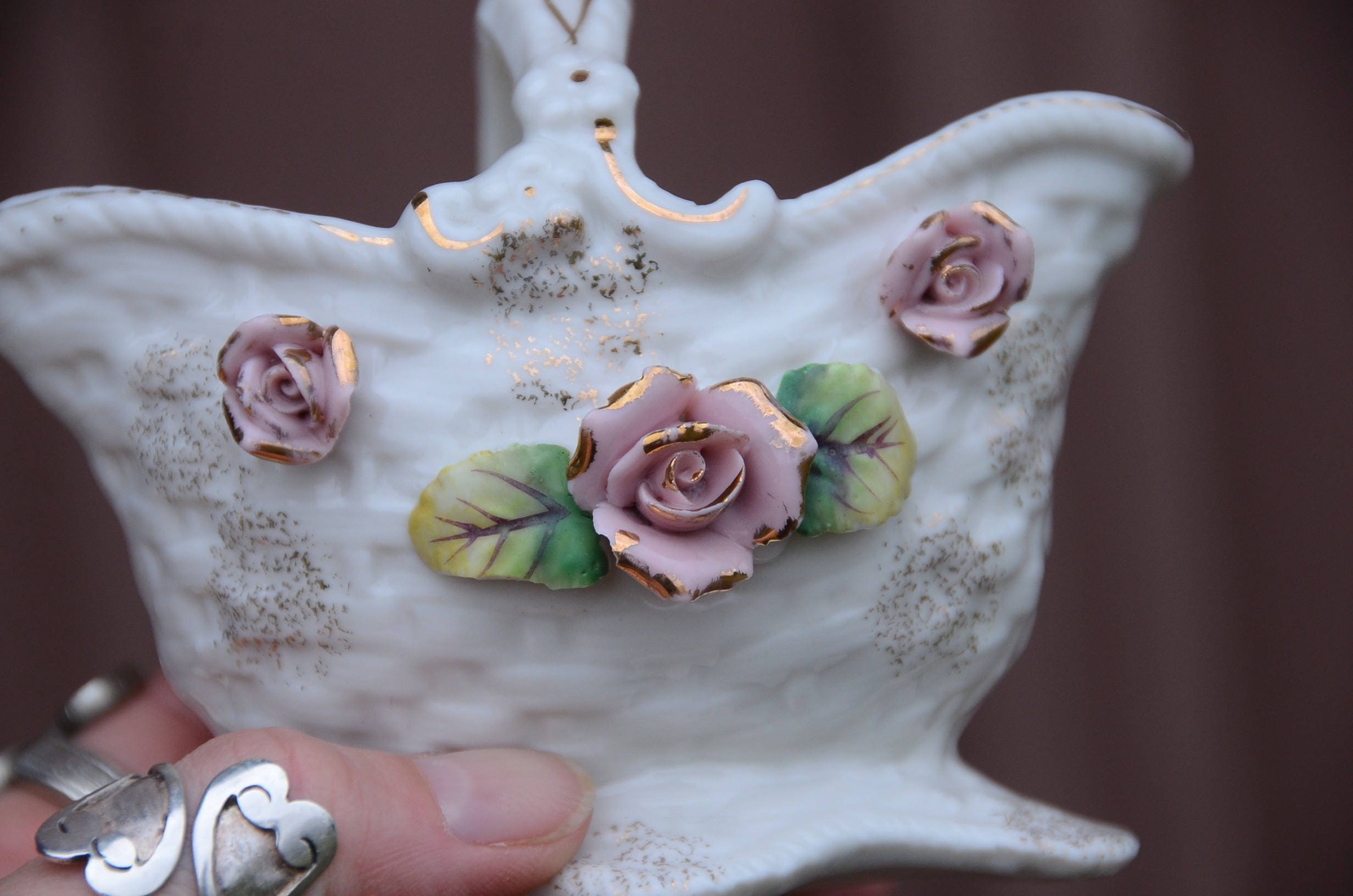 Bone China/porcelain Basket With Applied Roses and Gold Gilt. - Etsy