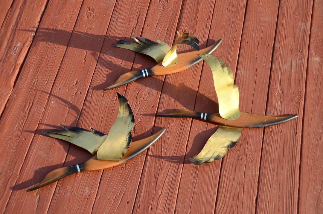 Mid Century Modern Flying Geese Trio Wall Hanging Wood and Brass | ROMM ...