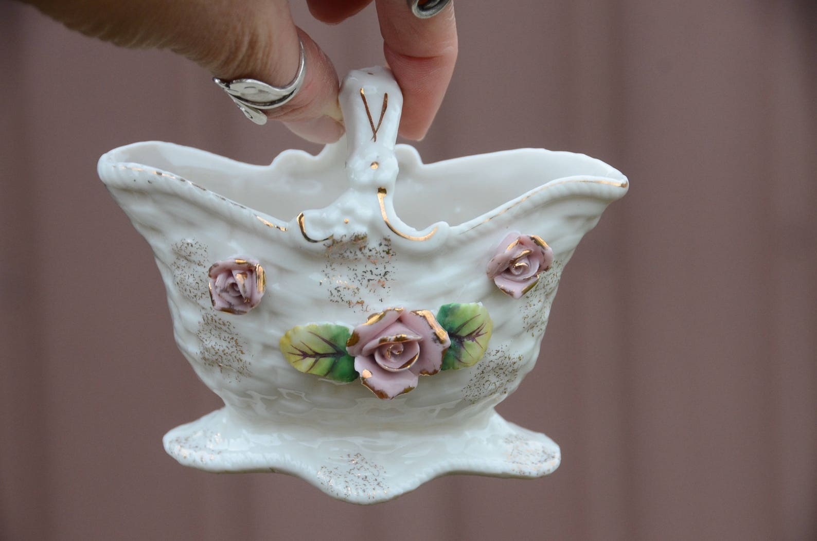 Bone China/porcelain Basket With Applied Roses and Gold Gilt. - Etsy