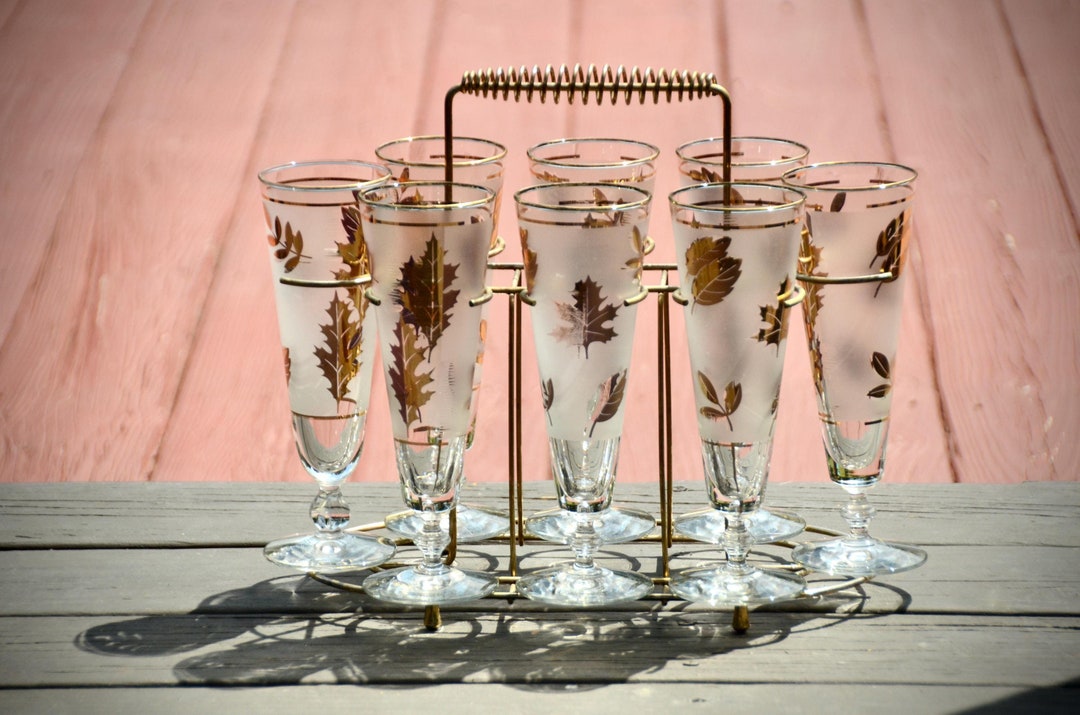 8-piece PILSNER SET With Golden Foilage Leaves in Gold Metal Caddy ...
