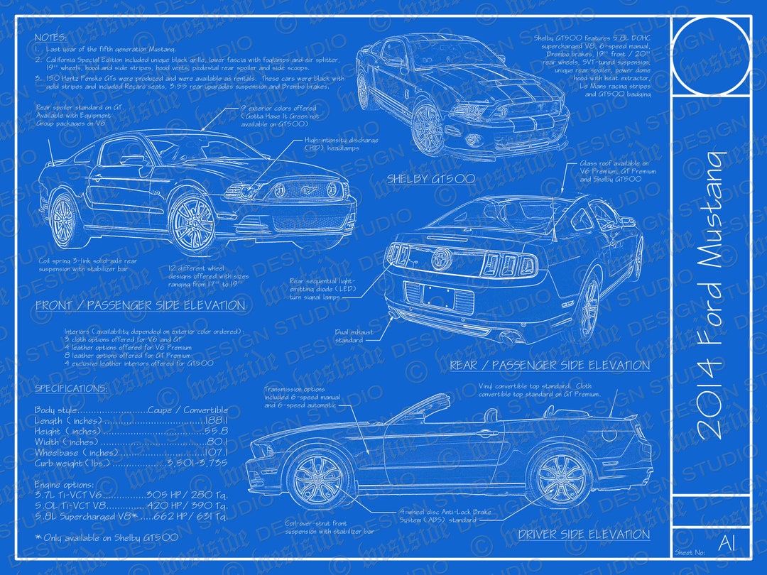 2014 Ford Mustang Blueprint Poster 18"x24" (digital Image File) - Etsy