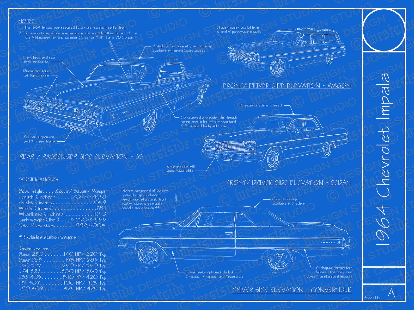 1964 Chevrolet Impala Blueprint Poster 18"x24" (digital Image File) - Etsy