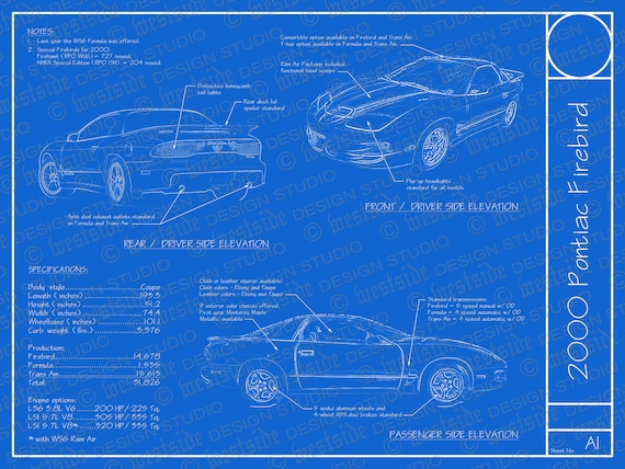 2000 Pontiac Firebird / Trans Am Blueprint Poster | Etsy