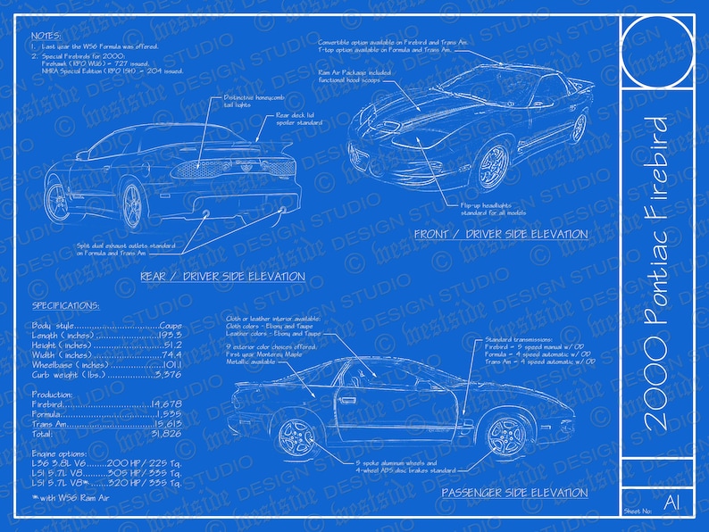 2000 Pontiac Firebird / Trans Am Blueprint Poster 18"x24" (digital ...