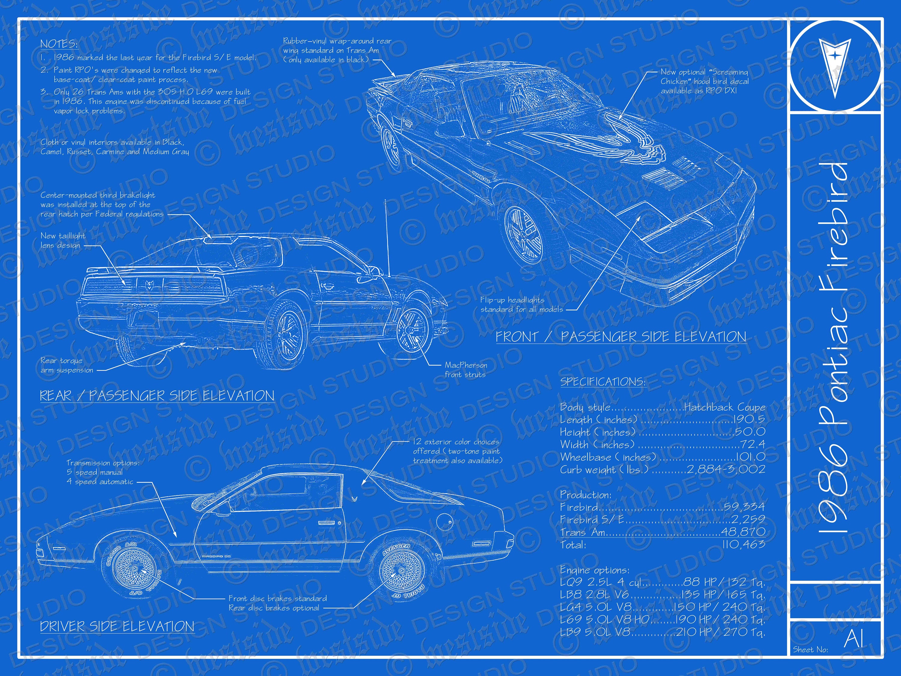 1986 Pontiac Firebird / Trans Am blueprint poster | Etsy
