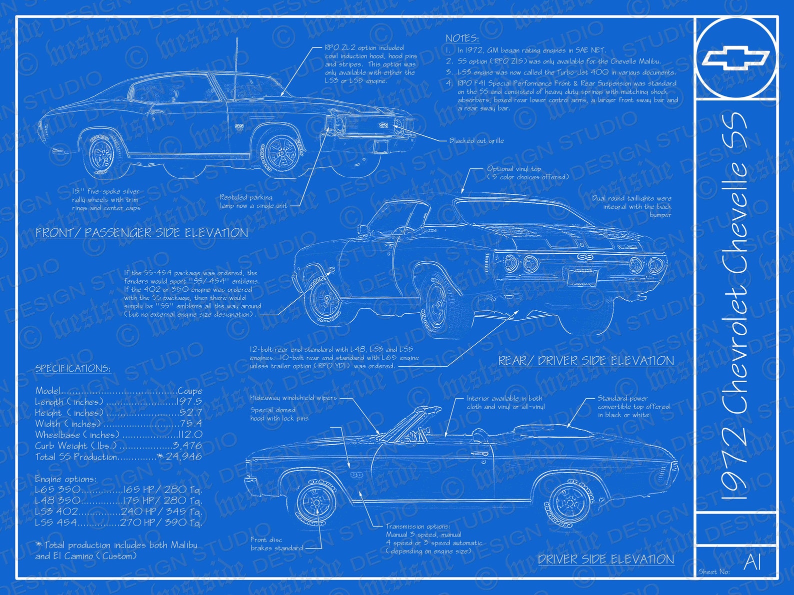 1972 Chevrolet Chevelle SS Blueprint Poster 18"x24" (JPEG Image File ...