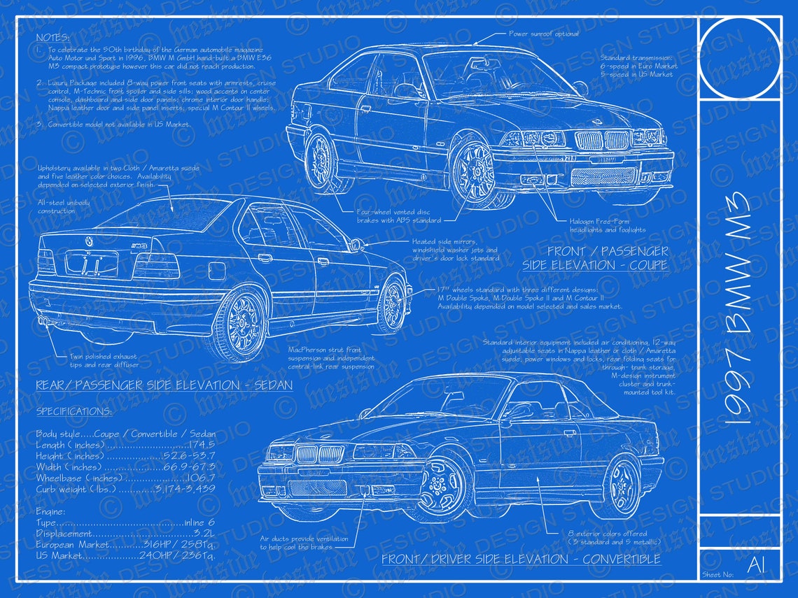 1997 BMW E36 M3 Blueprint Poster 18"x24" (digital Image File) - Etsy