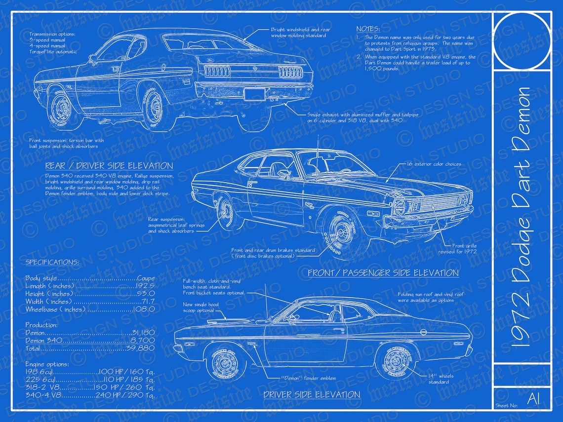 1972 Dodge Dart Demon Blueprint Poster 18x24 | Etsy