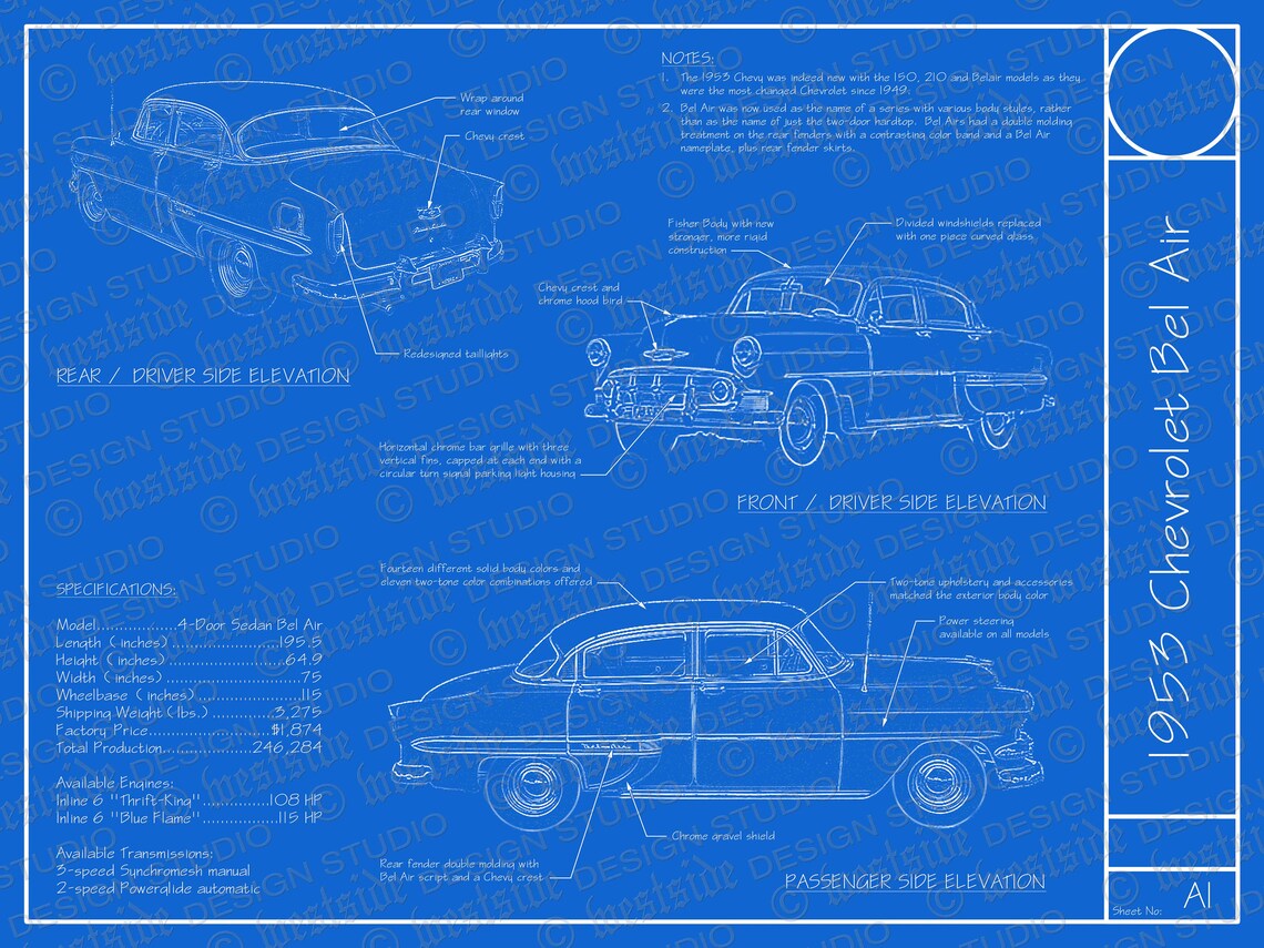 1953 Chevrolet 2-door / 4-door Bel Air Blueprint Poster 18"x24 ...