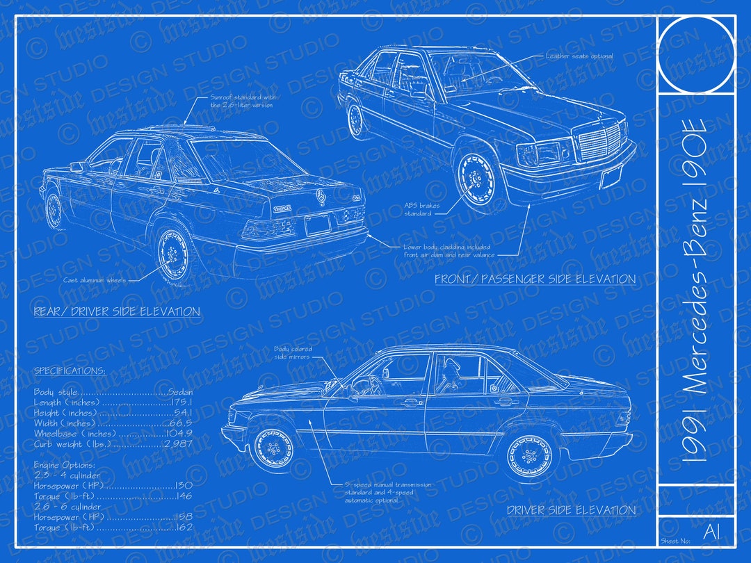 1991 Mercedes Benz 190E Blueprint Poster 18"x24" (digital Image File ...